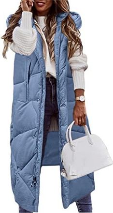 ORANDESIGNE Gilet Femme Chaud Doudoune sans Manche Veste Longue Hiver Manteau Capuche Zippé Parka Blouson avec Poches B Bleu XL