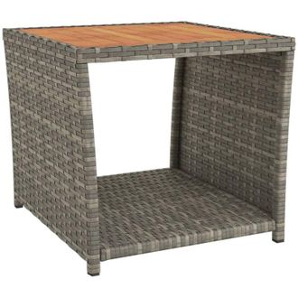 vidaXL Teetisch mit Holzplatte Grau Geflochtene Poly-Rattan Massivakazie