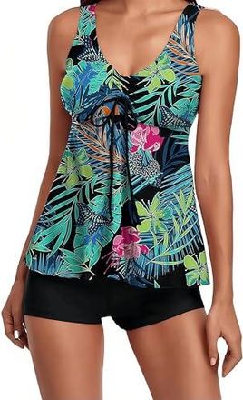 Ocean Plus Femme Deux Pi&egrave;ces X-Back Conservateur Tankini Set avec des Hotpants Noirs Shorts Maillot de Bain Ray&eacute; avec des Sangles Short de Bain (XXL (EU 48-50), 