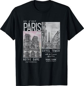 Trendy Apparel Paris Eiffel Tower & Notre Dame Villa de lamour panels T-Shirt