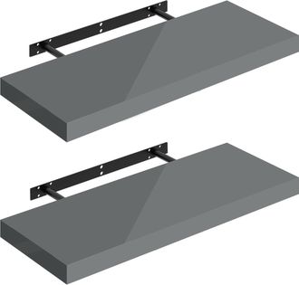 Woltu Wandregal Volato Set von 2 Regalen Wandboard freischwebend Schweberegal CD DVD Regal Bücherregal Holz Board 60x22,9x3,8cm Hochglänzend Grau RG9478gr-2