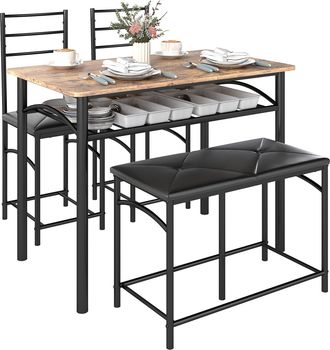 HOMCOM 4-TLG. Essgruppe, Esstisch mit 2 Stühlen, Bank, Platzsparende Esszimmergruppe, Esstisch-Set für kleine Räume, Küche, Esszimmer, Braun