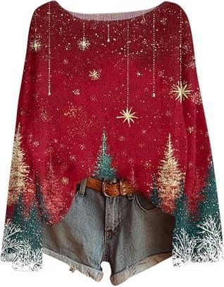 Generic Pull tricoté léger pour femme avec motif sapin de Noël 2025 - Motif renne festif - Confortable et doux - Pour les vacances, rouge pastèque, XXL