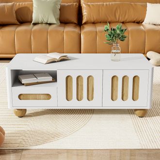 Generic Moderne Couchtisch 105x50x40 cm mit LED-Licht, weiß und Holzoptik, 4 Türen, 2 Schubladen, offenes Fach, abgerundete Ecken, kugelförmige Tischbeine, vi