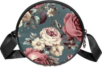 Generic Sac &agrave; bandouli&egrave;re rond pour femme, sac &agrave; bandouli&egrave;re classique vintage &agrave; motif floral avec fermeture &eacute;clair, bretelles r&eacute;glables, sac &agrave; main rond d&eacute;co