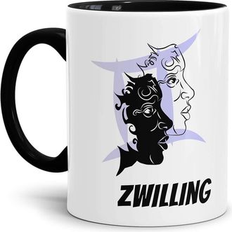 Tassendruck Tasse mit Design Sternzeichen Zwilling Farbtasse Innen und Henkel Schwarz/Mug/Cup/- Qaulität Made in Germany
