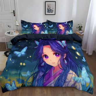 Generic Bettwäsche - Sets 200 x 200 cm, 100% Microfaser Wende Bettbezug Reißverschluss, Schwarz Niedlich Anime Japanische Elemente Mädchen Muster Bettbezug, G