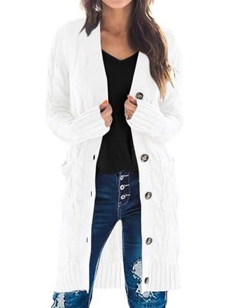 Generic Cardigan d&eacute;contract&eacute; en tricot pour femme - Automne et hiver - Chaud - Col en V - Poches torsad&eacute;es - Veste manteau, blanc, 3XL