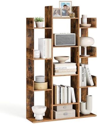 Vasagle Biblioth&egrave;que arbre, &Eacute;tag&egrave;re &agrave; 13 compartiments, Meuble de rangement, 86 x 25 x 140 cm, avec coins arrondis et rebords, Marron rustique LBC67BXV1