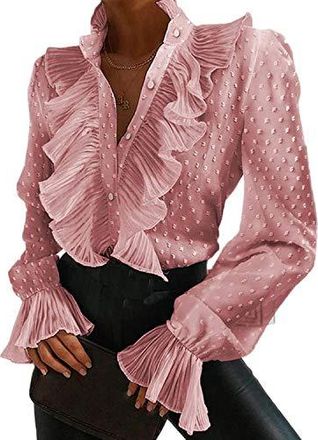 Onsoyours Chemise Femmes Chic Col en V Blouse &Eacute;l&eacute;gant Volants Chemises Automne Vintage Polka Dot Print Sexy Tops Bureau Dame Casual Mode Blusa T Shirt D Rose M