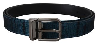 Dolce & Gabbana Blue Jacquard Moire Silver Metal Belt Men Leather