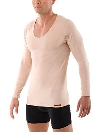 Albert Kreuz Deep-V Maillot de corps invisible pour homme en coton bio stretch &agrave; manches longues Beige, beige, L