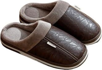 Generic Pantoufles dhiver pour homme - Grande taille - Imperméables - Cuir PU - Grandes tailles - Chaussures plates en fourrure - Pour chambre à coucher, marr