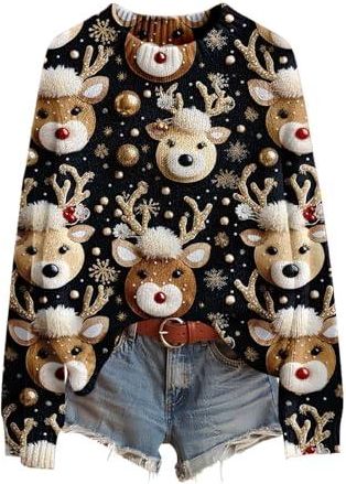 Generic Pull de No&euml;l pour femme - Pull de No&euml;l moche - Automne et hiver - Hauts &agrave; manches longues - Chemisier tendance pour lautomne - Tenue surdimensionn&eacute;e -