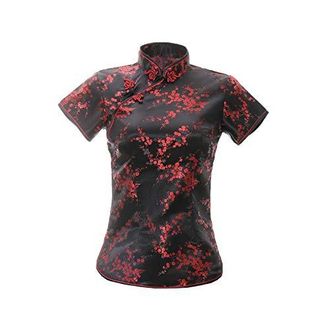 ACVIP Qipao Chemisier chinois à manches courtes et col montant pour femme Motif fleurs de prunier, noir/rouge, 36