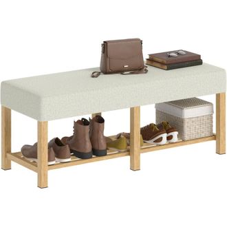 HOMCOM Banc &agrave; chaussures - HOMCOM - si&egrave;ge rembourr&eacute; 2 places - &eacute;tag&egrave;re ouverte - bois h&eacute;v&eacute;a - 120x44x48cm - naturel et beige