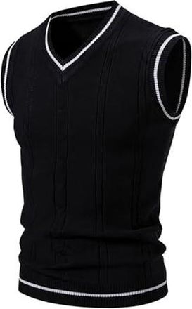 Generic Pull sans manches pour homme, gilet tricoté à col en V, débardeur thermique épais, gilet en tricot coupe ajustée, couleur unie, pull sans manches, dou