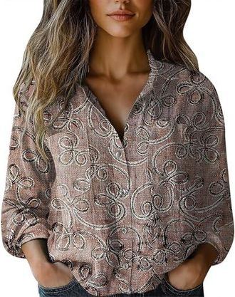 Generico Chemise Femme Curvy Manches Longues Blouse Coton Et Lin D&eacute;contract&eacute; Respirant Chemisier Col en V Doux Chemises Vintage Fantaisie avec Boutons Mode T S
