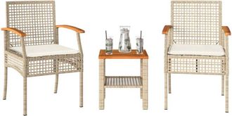 vidaXL Ensemble de bistro 3 pcs coussins beige r&eacute;sine tress&eacute;e acacia Vidaxl