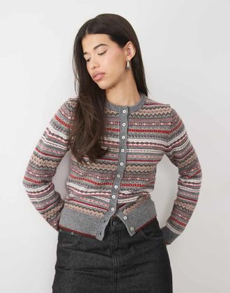 Nobody's Child Ditsy Cardigan aus Wollmix mit Rundhalsausschnitt in Grau mit Fair-Isle-Muster