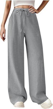 Generic Pantalon en coton et lin pour femme - Taille haute - Jambe large - Coupe d&eacute;contract&eacute;e - Taille &eacute;lastique - Pantalon de surv&ecirc;tement uni &agrave; enfiler - Ave