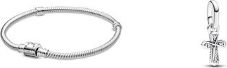 Pandora Armband 598816C00-17 Frau Silber Inschrift & ME Funkelndes Kreuz Mini-Charm-Anhänger aus Sterling Silber mit Cubik Zirkonia, Kompatibel ME und Moments