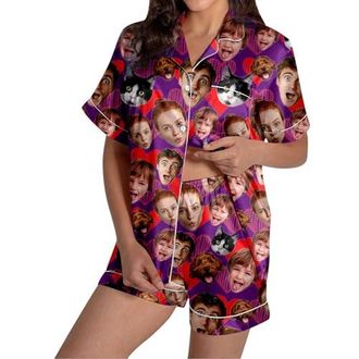 Generic Haut de pyjama en satin &agrave; manches courtes et boutonni&egrave;re, short assorti. V&ecirc;tement de nuit doux et imprim&eacute; pour femme., lilas, XXL