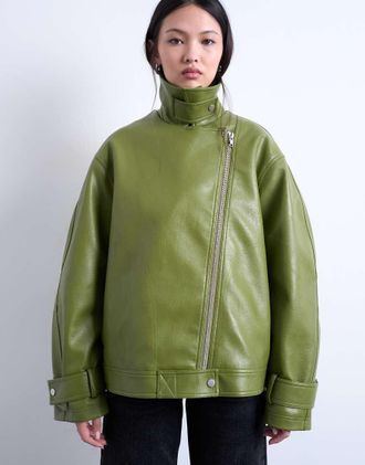 Topshop Blouson style motard en similicuir &agrave; col chemin&eacute;e - Vert