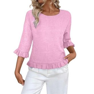 Generic Haut &agrave; manches 3 quarts en lin pour femme, chemisiers d&eacute;contract&eacute;s &agrave; col rond, chemises &agrave; &eacute;paules tombantes de couleur pure, haut tendance &agrave; ourlet &agrave; 