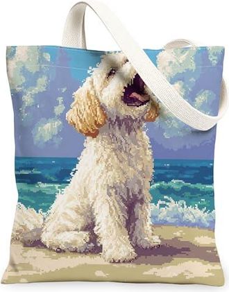 Generic Sac fourre-tout d&eacute;t&eacute; en toile motif chien cavachon pour faire du shopping, 33 x 38,1 cm, sac d&eacute;picerie r&eacute;utilisable pour femme, peinture esth&eacute;tique, d