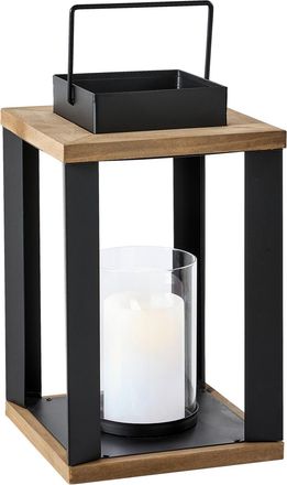 Ambia Home Laterne, Braun, Schwarz, Holz, Metall, Glas, vollmassiv, geometrisch, rechteckig, 18x30x18 cm, Glaseinsatz, Dekoration, Windlichter & Laternen, Latern