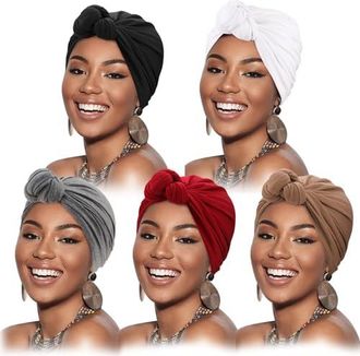 Dreshow 5 Pièces Turban Africain pour Femme Bonnet Pré-noué Bonnet Chimio Casquette de Perte de Cheveux Chapeau