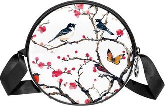 Generic Sac &agrave; bandouli&egrave;re rond pour femme, motif fleurs rouges, oiseaux, petit sac &agrave; bandouli&egrave;re avec fermeture &eacute;clair, bretelles r&eacute;glables, sac &agrave; main rond d