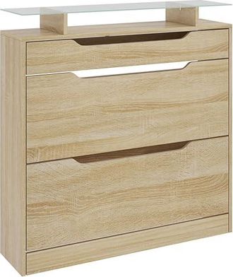 HOMCOM Armoire &agrave; Chaussures avec 2 tiroirs rabattables + 1 tiroir Coulissant + 1 comptoir et 1 Plateau en Verre &eacute;tag&egrave;re r&eacute;glable sur 2 Niveaux 89 x 23 x 96 c