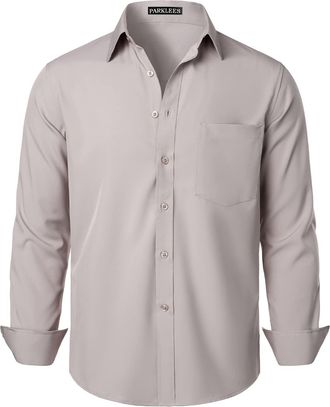 PARKLEES Herrenhemd, normale Passform, einfarbig, knitterfrei, lang&auml;rmelig, l&auml;ssig, Business, Knopfleiste, Hemden mit Tasche, Mandelgrau, 3XL