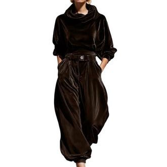 Generic Surv&ecirc;tement 2 pi&egrave;ces en velours pour femme, pull &agrave; capuche &agrave; manches longues, pantalon &agrave; jambes larges, surv&ecirc;tement en velours avec poches, marron, XX