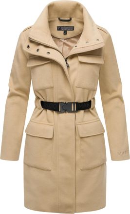 Marikoo Damen lange &Uuml;bergangsjacke Kurzmantel in Woll-Optik mit Tailleng&uuml;rtel Tanokoo 16 Beige Gr. S