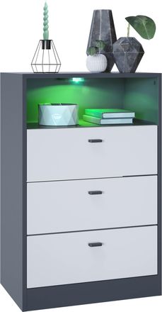 Vladon Kommode Pino V2, Made in Germany, Anrichte mit 3 Schubladen & 1 offenem Fach, Anthrazit matt/Weiß matt mit LED RGB (56 x 86,5 x 36 cm)