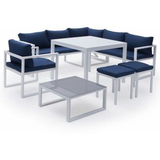 Happy Garden Happy Garden - Salon de jardin modulable ibiza en tissu bleu 7 places - aluminium blanc