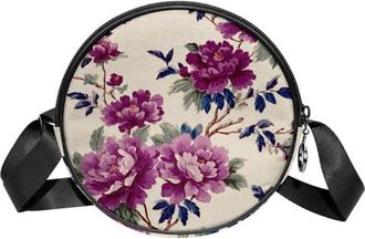 Generic Circle Sac &agrave; bandouli&egrave;re pour femme, petit sac &agrave; bandouli&egrave;re &agrave; motif floral violet/bleu avec fermeture &eacute;clair, bretelles r&eacute;glables, sac &agrave; main rond d&eacute;