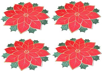 Cabilock 4 Stück Weihnachts Tischsets mit Isolierter Tellerunterlage 40cm Rote Leinen Tischmatten mit Weihnachtsstern Motiv Wiederverwendbare und Strapazierfäh