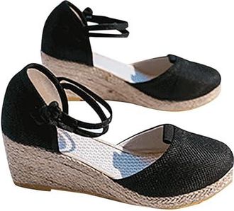 Generico Sandales compensées pour femme avec plateforme fermée, espadrilles dété, fermeture à boucle, confortables et antidérapantes, en jute, Noir, 35 EU