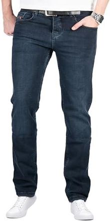 Alessandro Salvarini Jean stretch pour homme Coupe droite - 98 % coton, 5 poches, boutonni&egrave;re, pantalon long, bleu fonc&eacute;, 33W / 32L