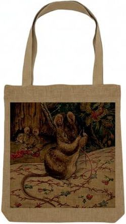 Fabulous Sac Shopping Tote Bag Aspect Lin - Famille Souris Couture Illustration Enfant Beatrice Potter - Sac de Courses Toile Epaisse 360g Beige Naturel Cabas 