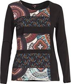 Coline Tee Shirt Ethnique Manches Longues - Couleur : Noir - Taille : XL