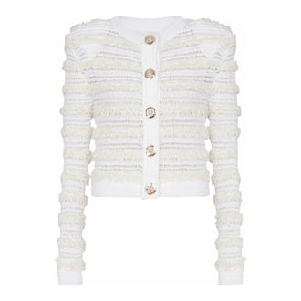 Balmain Lang&auml;rmelige Strickjacke mit Tweed-Effekt - - Knitwear - Damen - Wei&szlig; - L