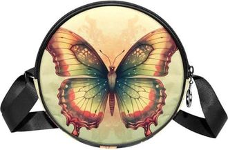Generic Sac &agrave; bandouli&egrave;re rond pour femme, motif papillon vintage, petit sac &agrave; bandouli&egrave;re avec fermeture &eacute;clair, bretelles r&eacute;glables, sac &agrave; main rond d&eacute;contr