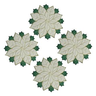 NUOBESTY 4 St&uuml;ck Bestickte Weihnachtsstern Tischsets 40cm Isolierende Platzsets aus Silber Wei&szlig;em Leinen mit Schaumstoff Wiederverwendbare Weihnachtstischmatte