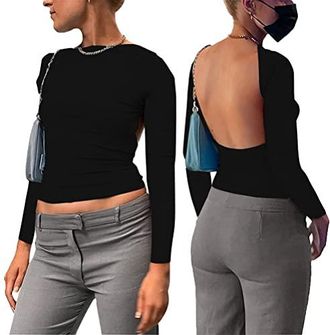 TOMWELL Femme Crop T-Shirt Casual À Manches Longues Vintage Sexy Backless T-Shirt Court Dété Slim Fit Décontractée Col Rond Blouse Fille Haut Chic Tunique Spo