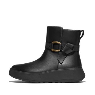 FitFlop F-Mode Damen-Stiefeletten, quadratischer Ring, Leder, Flatform, Schwarz, Gr&ouml;&szlig;e 39, Schwarz, 39 EU